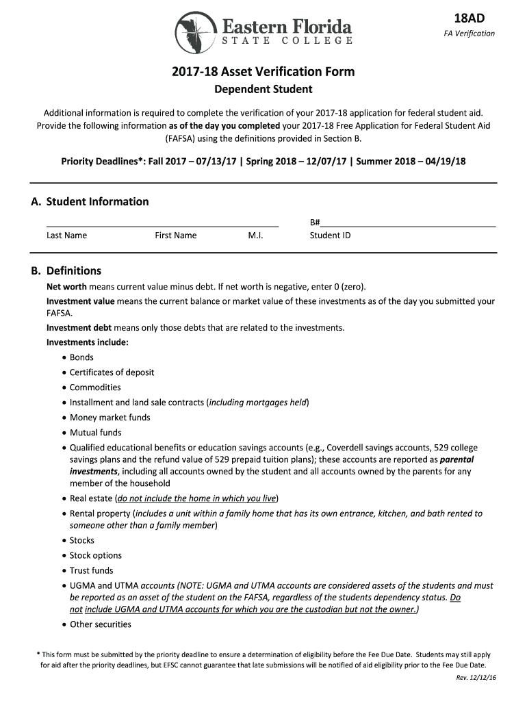 Fillable Online 2017-18 Asset Verification Form Fax Email Print - pdfFiller