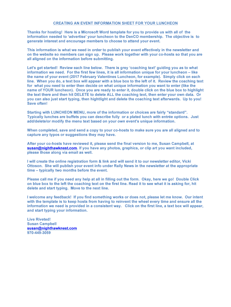 Fillable Online CREATING AN EVENT INFORMATION SHEET FOR YOUR LUNCHEON ...