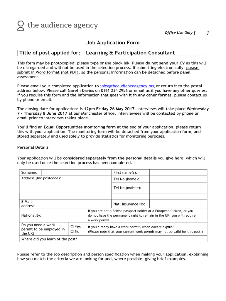 Fillable Online Job Application Form Title of post applied for ...
