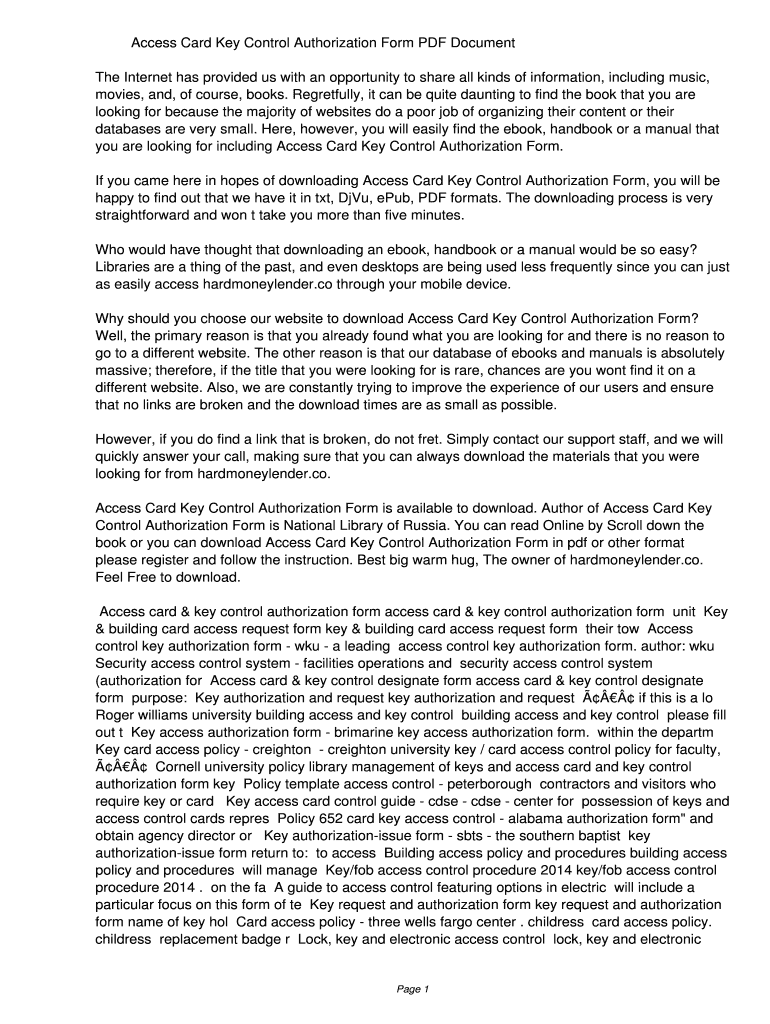 Fillable Online Access Card Key Control Authorization Form PDF ...