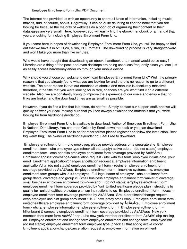 Fillable Online Employee Enrollment Form Uhc PDF ...