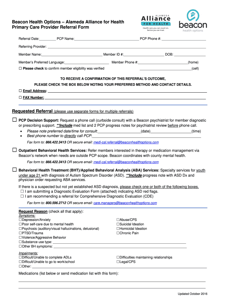 Fillable Online Beacon Health Options Alameda Alliance for Health Fax ...