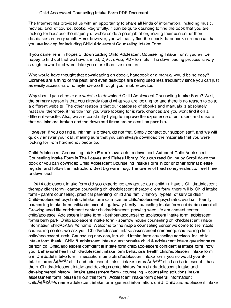 Fillable Online Child Adolescent Counseling Intake Form PDF ...