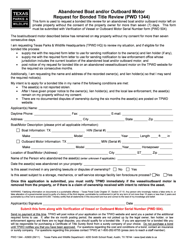 Fillable Online Abandoned Boat and/or Outboard Motor Request for Bonded ...