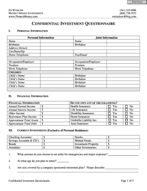 Fillable Online CONFIDENTIAL INVESTMENT QUESTIONNAIRE - Protect Money ... Fax Email Print ...