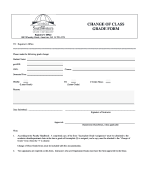 Fillable Online gsw CHANGE OF CLASS GRADE FORM - Georgia Southwestern ...