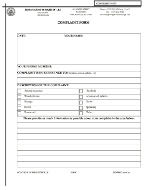 Fillable Online COMPLAINT FORM - Welcome to Wrightsville Borough Fax ...