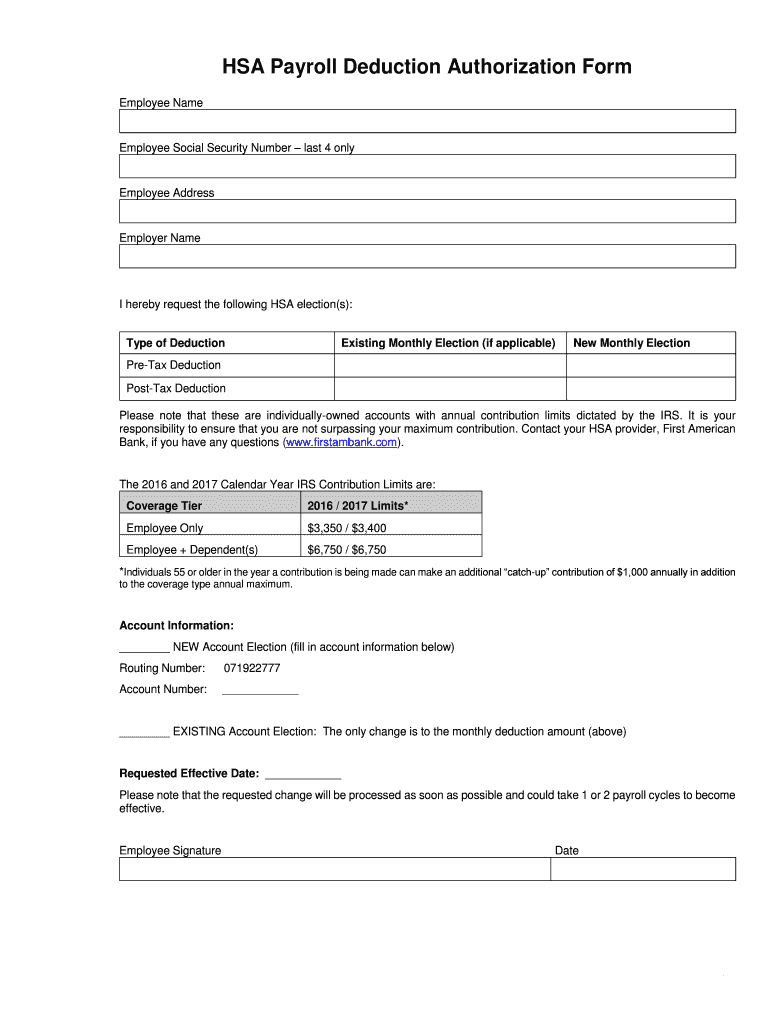 Fillable Online HSA Payroll Deduction Authorization Form - First ...