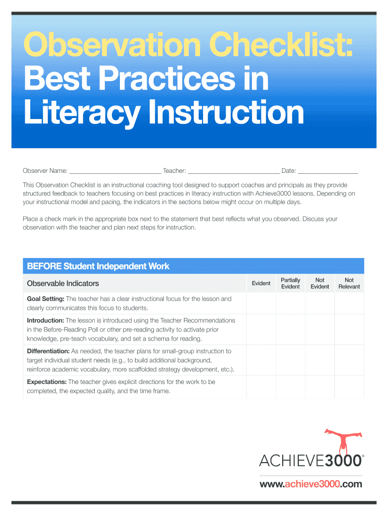 Fillable Online Observation Checklist: Best Practices in Literacy ...