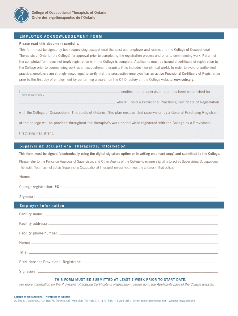 Fillable Online Employer Acknowledgement Form - College of Occupational ... Fax Email Print ...