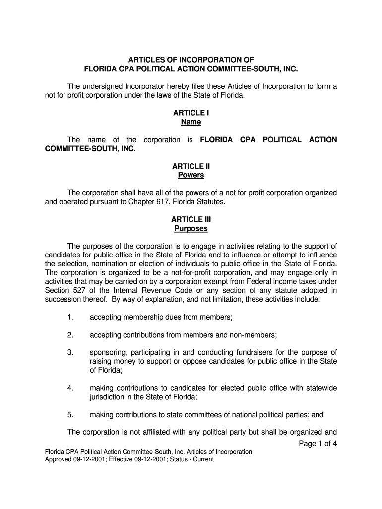 Fillable Online of 4 ARTICLES OF INCORPORATION OF FLORIDA CPA POLITICAL ...