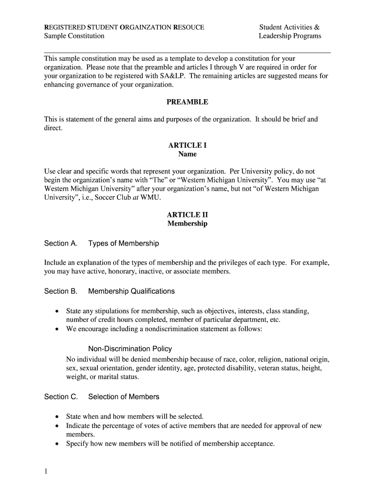 Fillable Online This sample constitution may be used as a template to ...