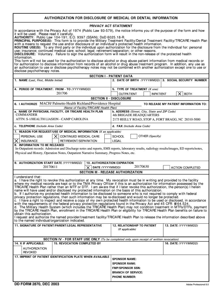Fillable Online DD Form 2870 Authorization Medical or Dental ...