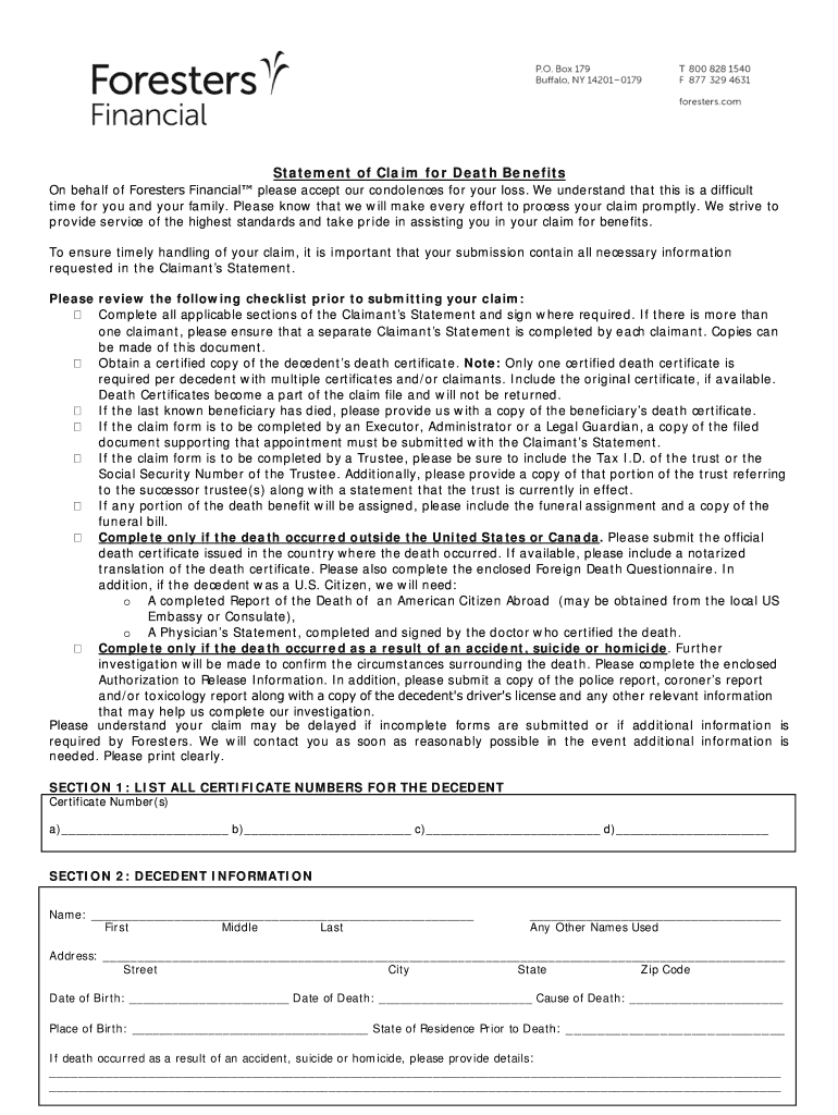 Fillable Online Statement of Cla im for Death Be nefits Fax Email Print ...