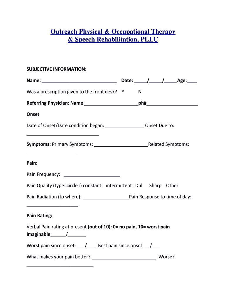Fillable Online Outreach Physical & Occupational Therapy & Speech ...
