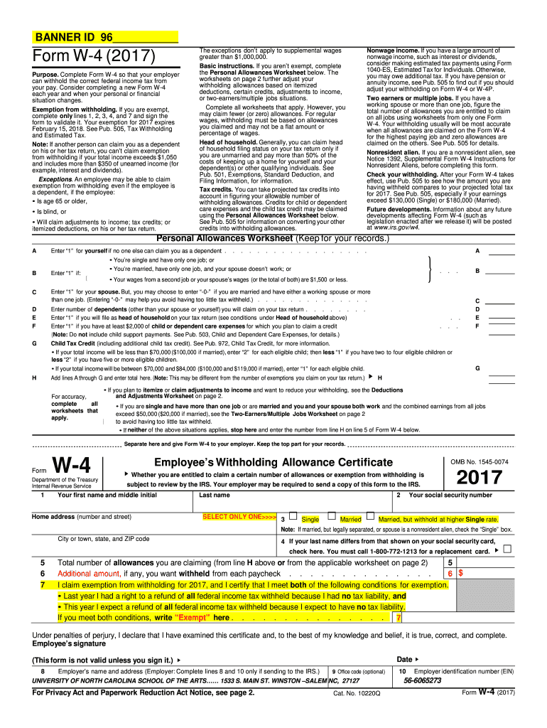 Fillable Online 2017 Form W-4. Employee's Withholding Allowance ...