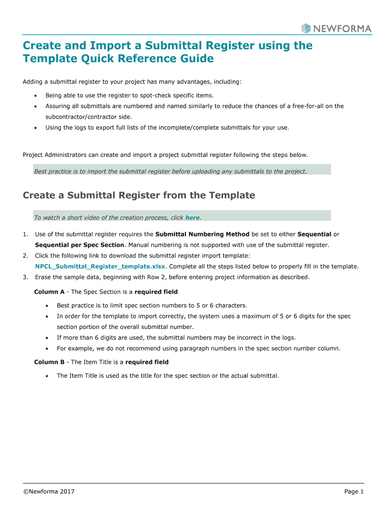 Fillable Online Create and Import a Submittal Register using the Fax Email Print - pdfFiller