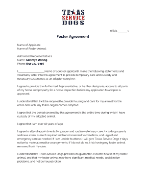Fillable Online Foster Agreement - Texas Service Dogs Fax Email Print ...