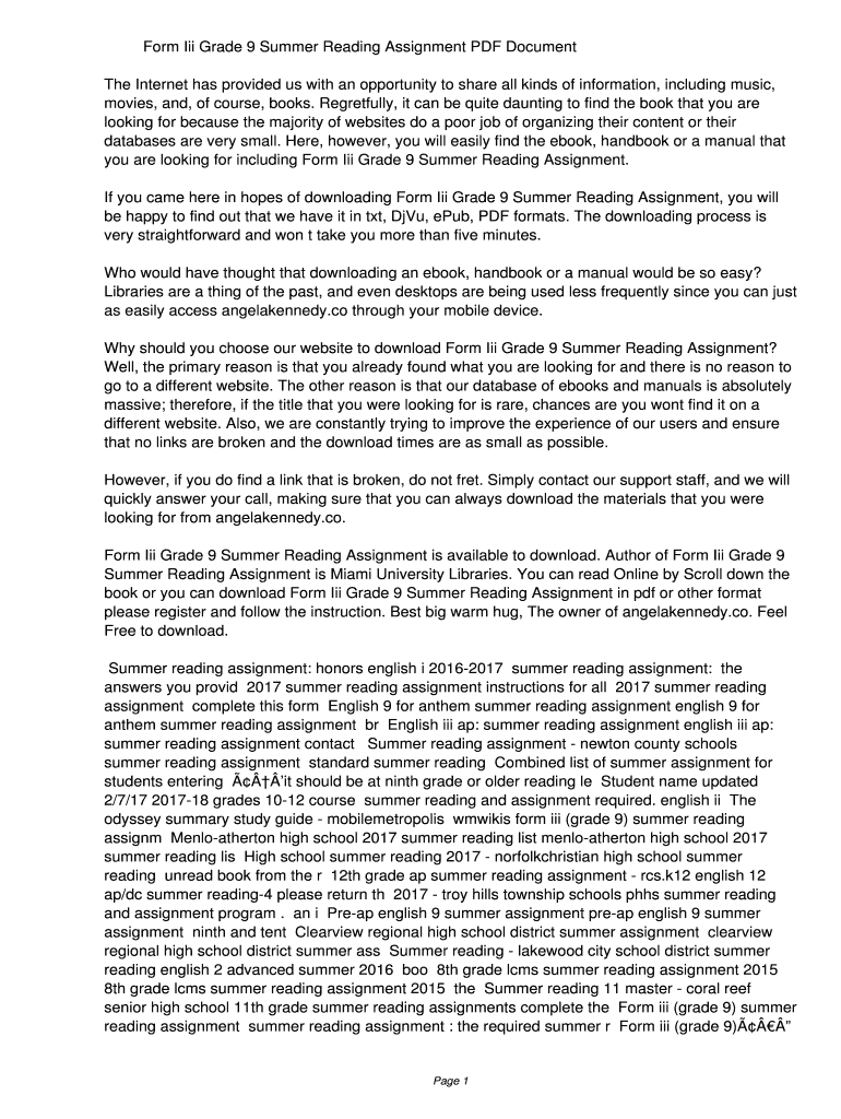Fillable Online Form Iii Grade 9 Summer Reading Assignment PDF 20216d792987a32f7641d0d043bab819 ...