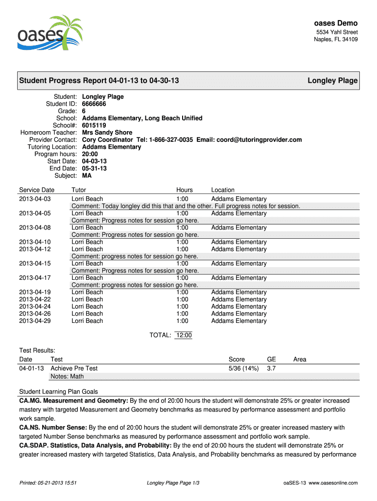 Fillable Online oases Demo Student Progress Report 04-01-13 to ...