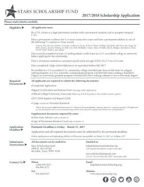 Fillable Online STARS SCHOLARSHIP FUND 2017/2018 Scholarship Application Fax Email Print - pdfFiller