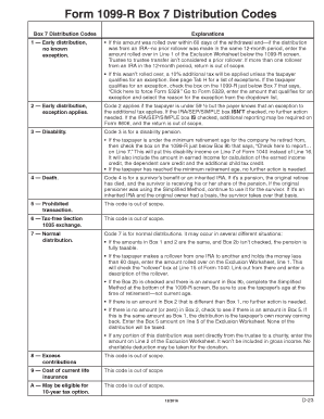 Fillable Online Form 1099-R Box 7 Distribution Codes - Volunteer ...