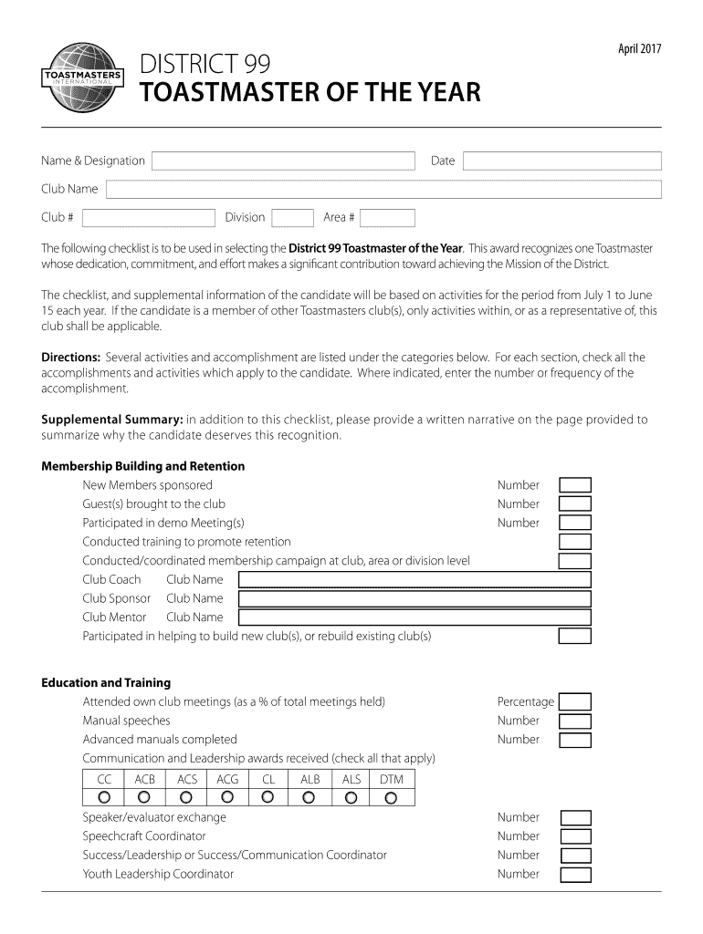 Fillable Online district 99 toastmaster of the year - District 99 ...