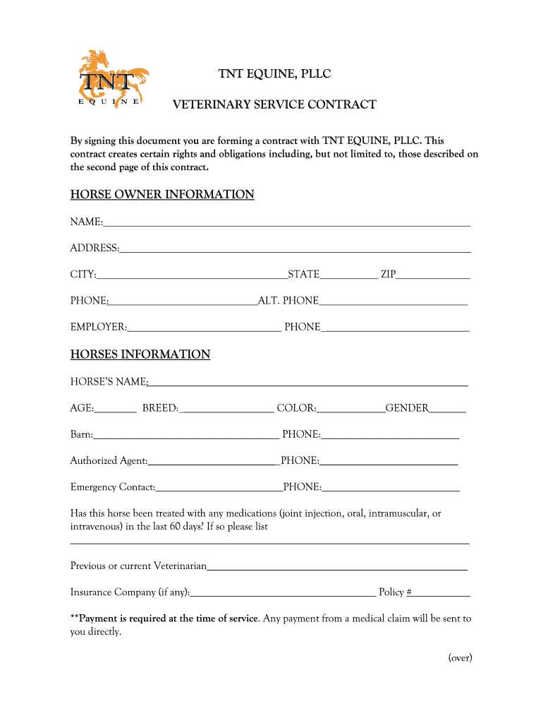 Fillable Online tnt equine, pllc veterinary service contract horse ...