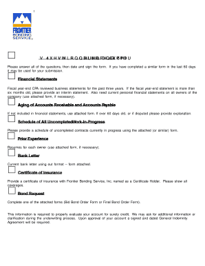Fillable Online CONTRACT SURETY SUBMISSION CHECKLIST - Frontier Bonding ...