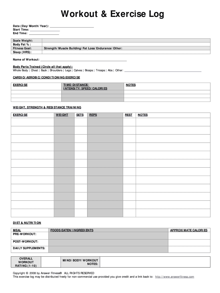 Fillable Online Free Printable Workout and Exercise Log. Use this free ...