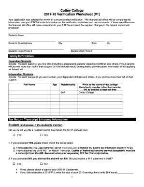 Fillable Online 2017-18 V1 Standard Verification Worksheet - Cottey ...