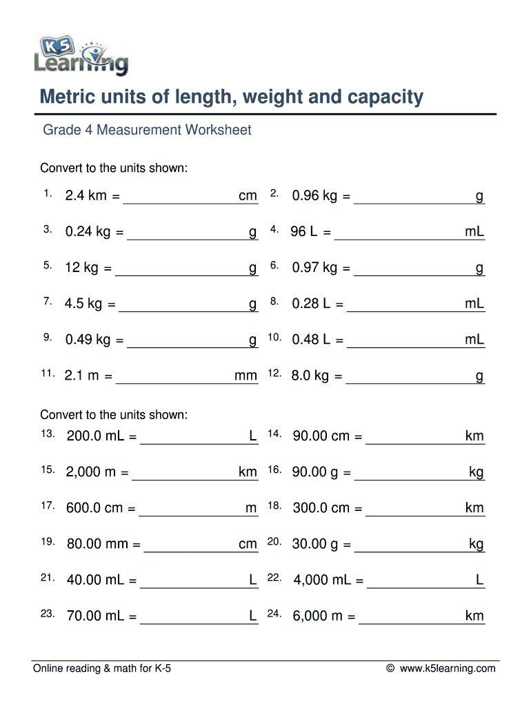 Fillable Online Grade 4 Measurement Worksheet - Metric units of length ...