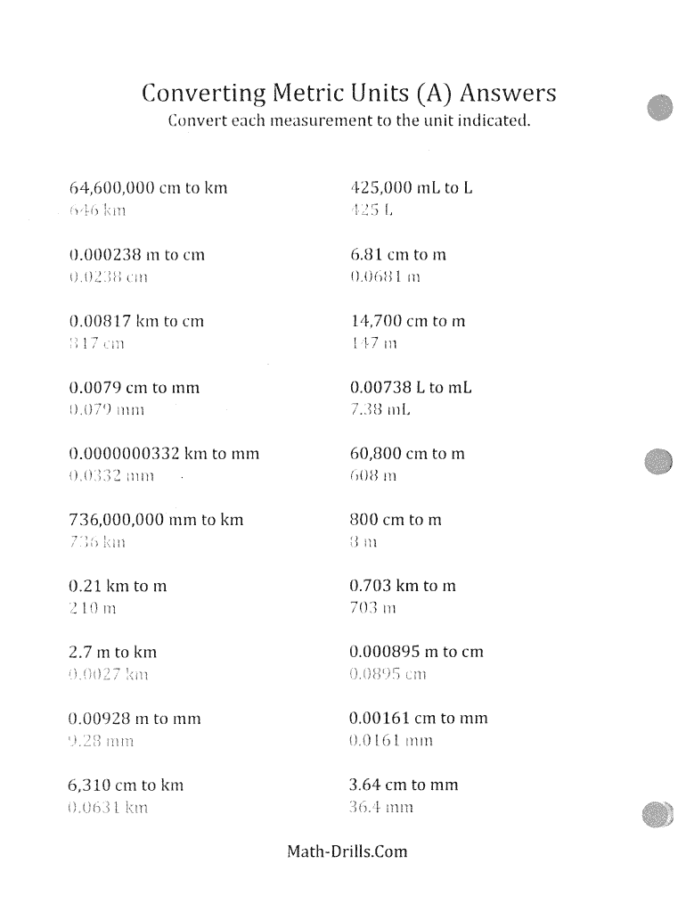 Fillable Online Converting Metric Units A Answers Fax Email Print