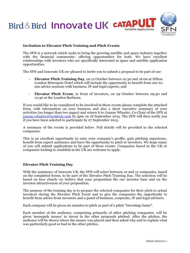 Fillable Online Invitation to Elevator Pitch Training and Pitch Events ...