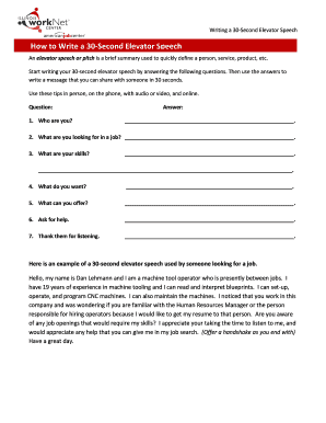 Fillable Online Writing a 30-Second Elevator Speech How to Write a 30 ...