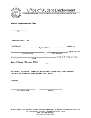 Fillable Online Student Employment Job Offer letter (template) Fax ...