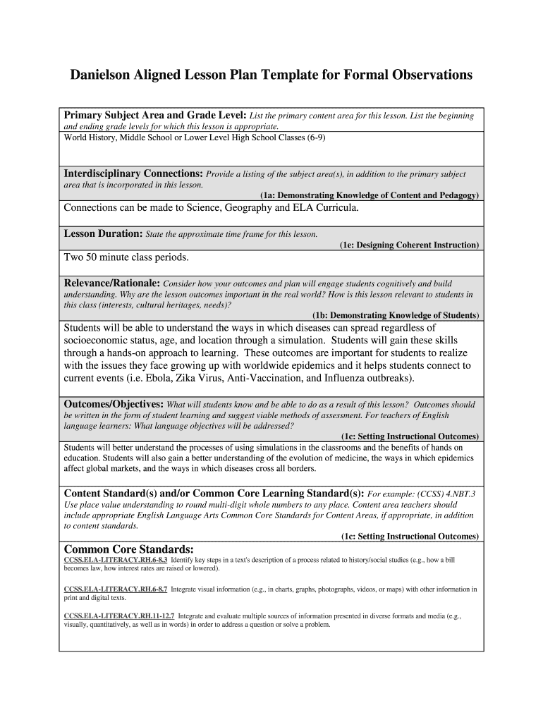 Fillable Online Danielson Aligned Lesson Plan Template for Formal ...