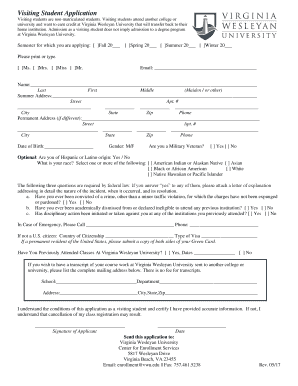 Fillable Online Visiting Student Application - vwu.edu Fax Email Print - pdfFiller