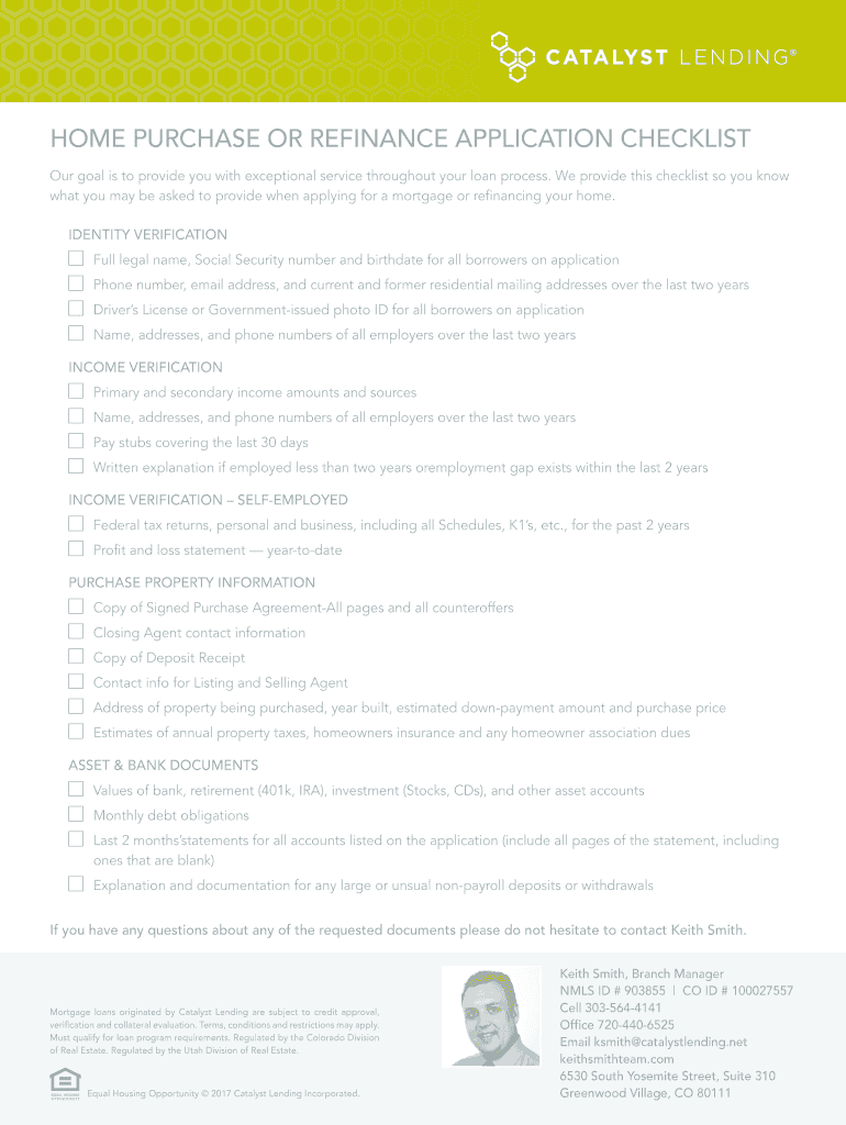Fillable Online home purchase or refinance application checklist ...