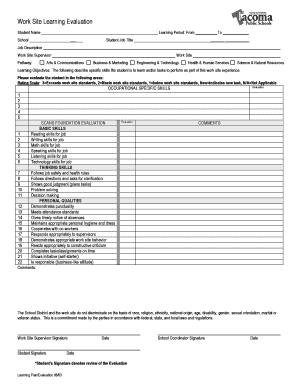 Fillable Online Work Site Learning Evaluation - Tacoma Public Schools ...
