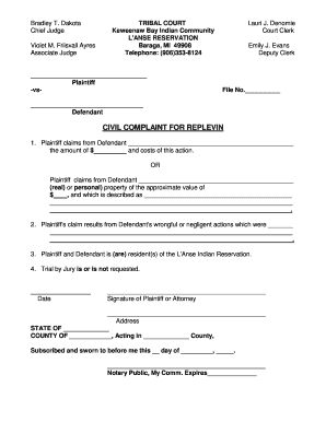 Fillable Online Replevin Complaint Form - Keweenaw Bay Indian Community ...