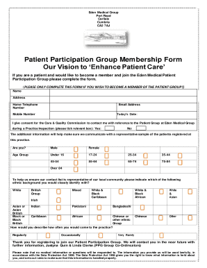 Fillable Online Patient Participation Group Membership Form Our Vision ...