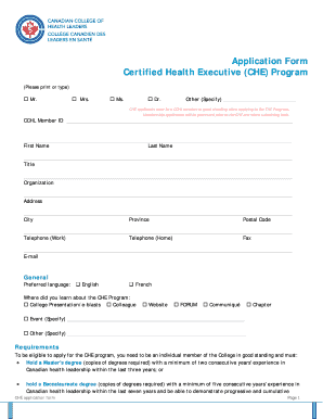 Fillable Online CCHL CHE Application Form EN - Canadian College of ...