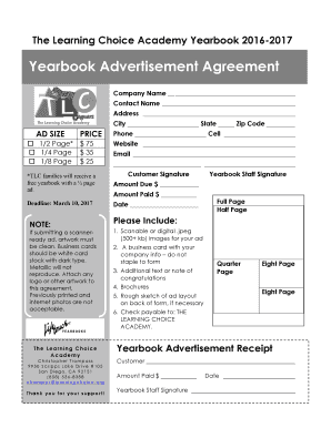 Fillable Online Yearbook Ad Form SR 2016-2017 - The Learning Choice ...