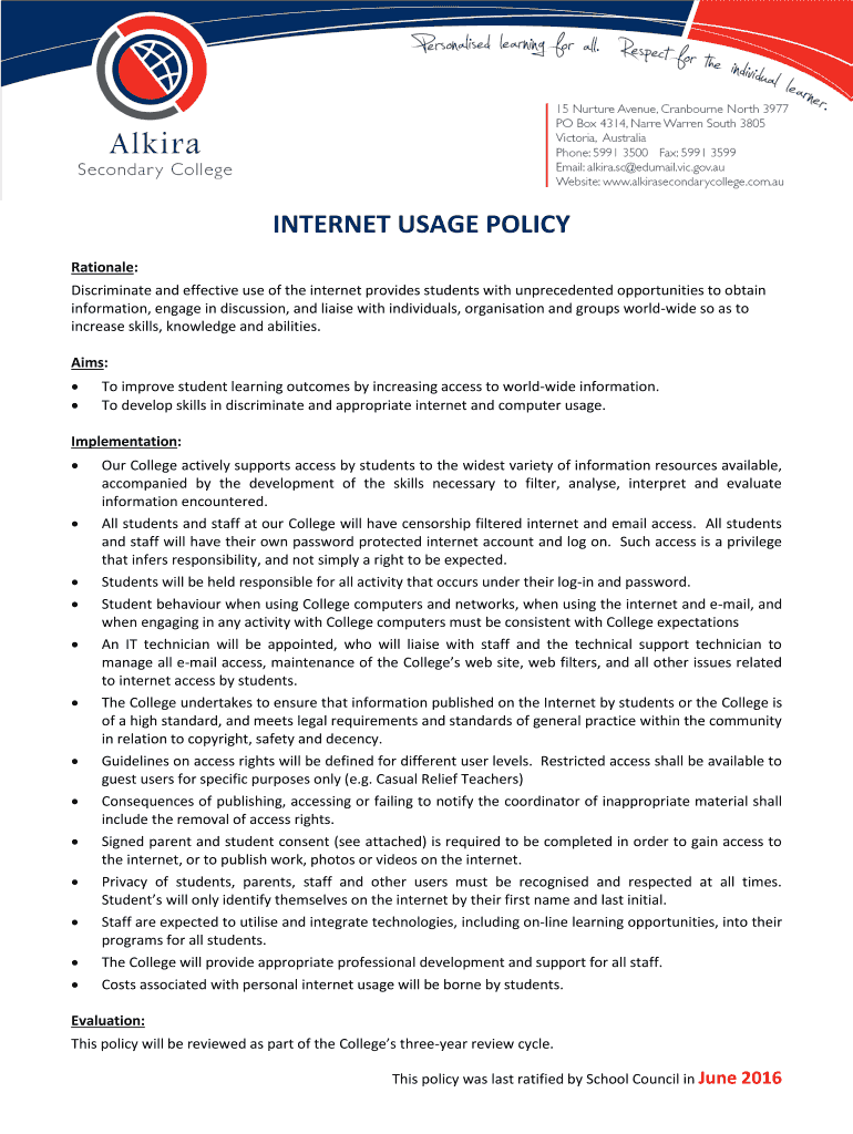 Fillable Online Sample School Policies Template - Alkira Secondary ...