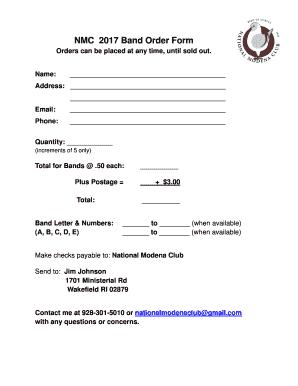 Fillable Online 2017 NMC Band Order Form - nationalmodenaclub.org Fax ...