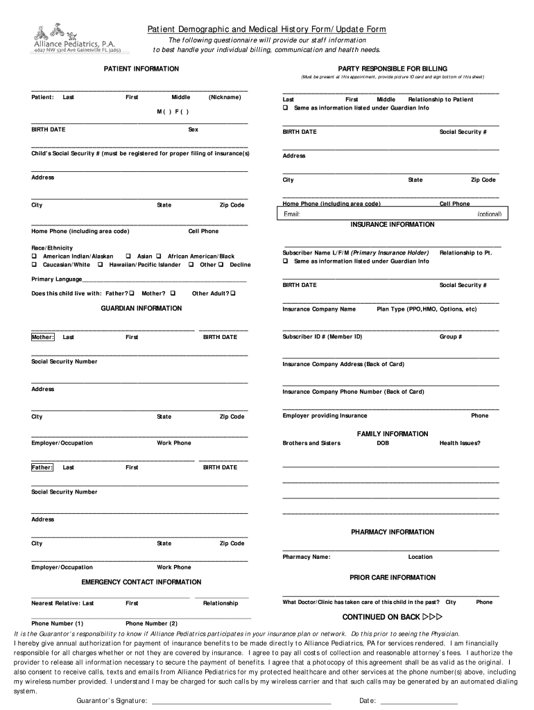 Fillable Online Patient Demographic and Medical History Form/Update ...