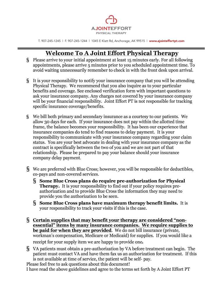 Fillable Online Welcome To A Joint Effort Physical Therapy Fax Email Print - pdfFiller