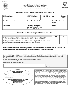 Fillable Online Student Flu Vaccine Consent and Screening Form 2016 ...