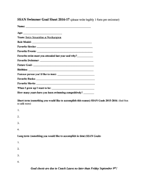 Fillable Online SSAN Swimmer Goal Sheet 2016-17 (please write legibly 1 ...